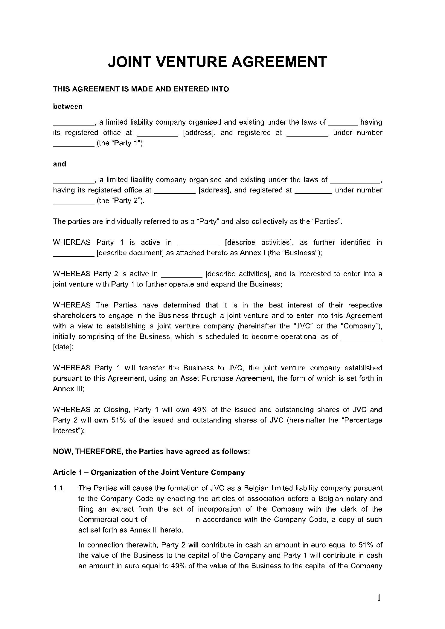 Joint Venture Agreement 1 Joint Venture Agreement 1