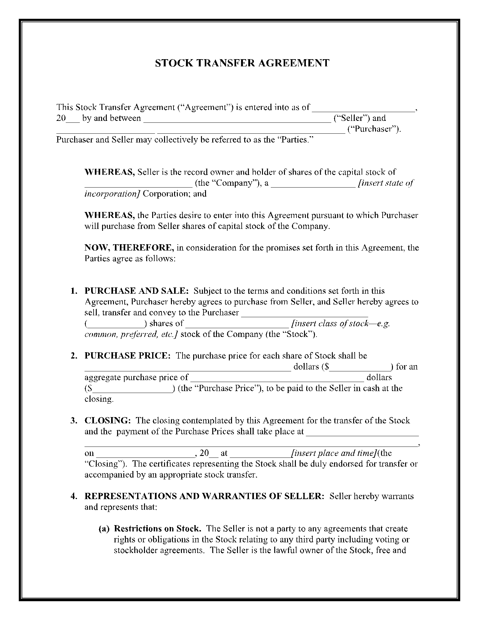 Stock Transfer Agreement Template