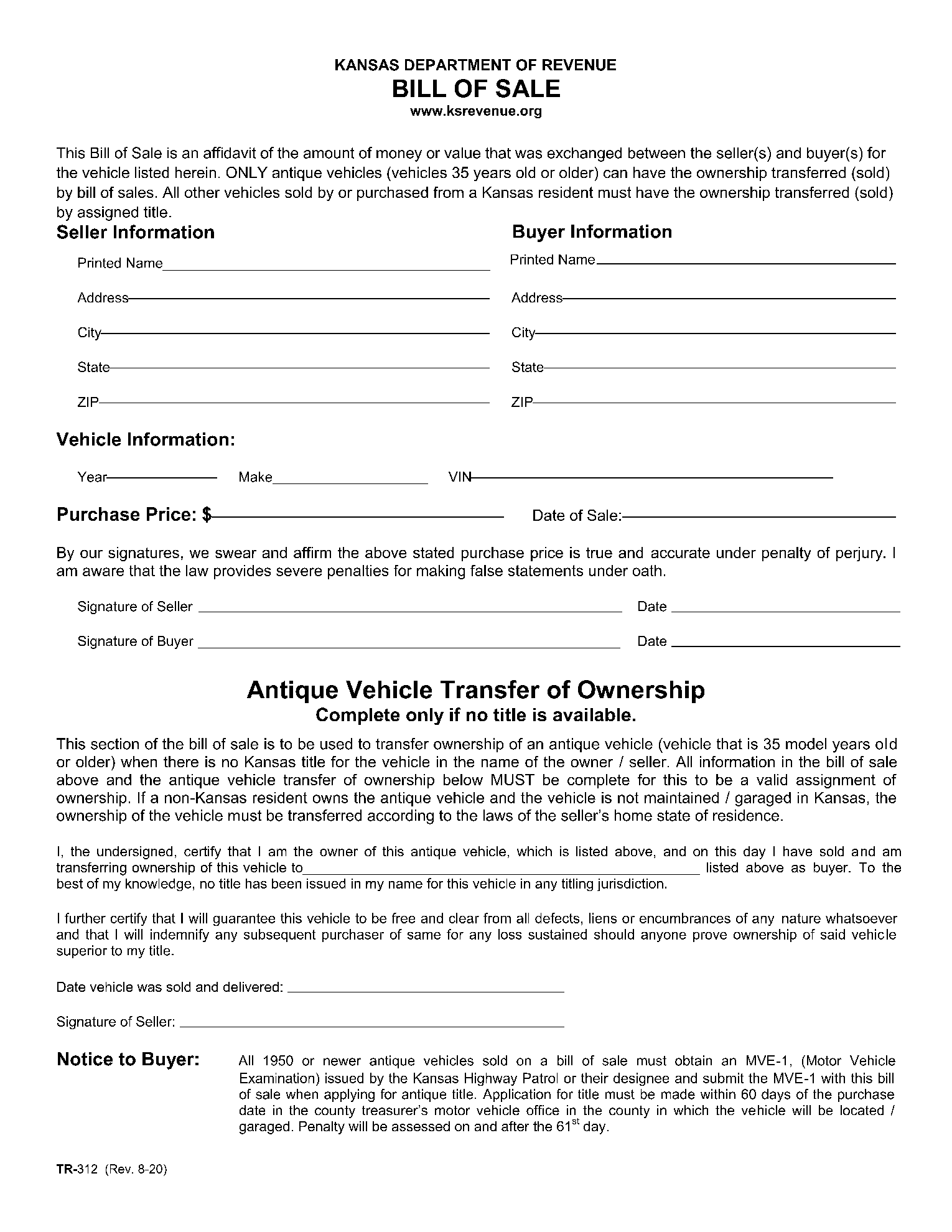 Kansas Vehicle Bill Of Sale