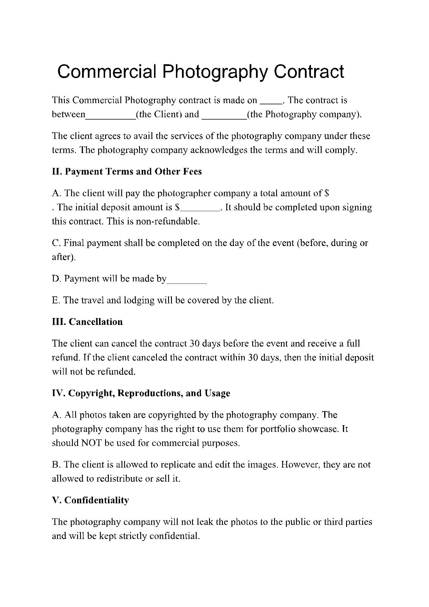 Commercial Photography Contract 1