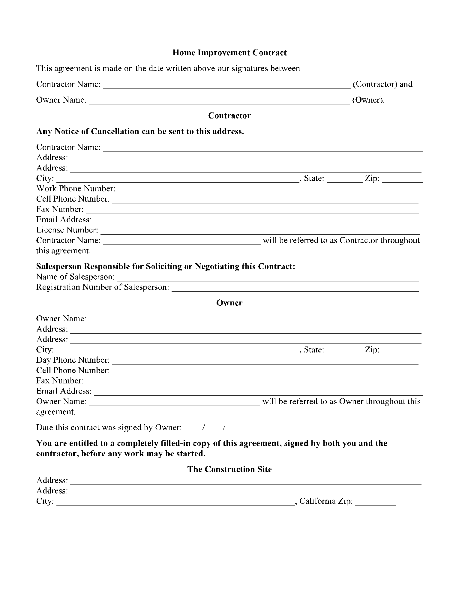 Home Improvement Contract