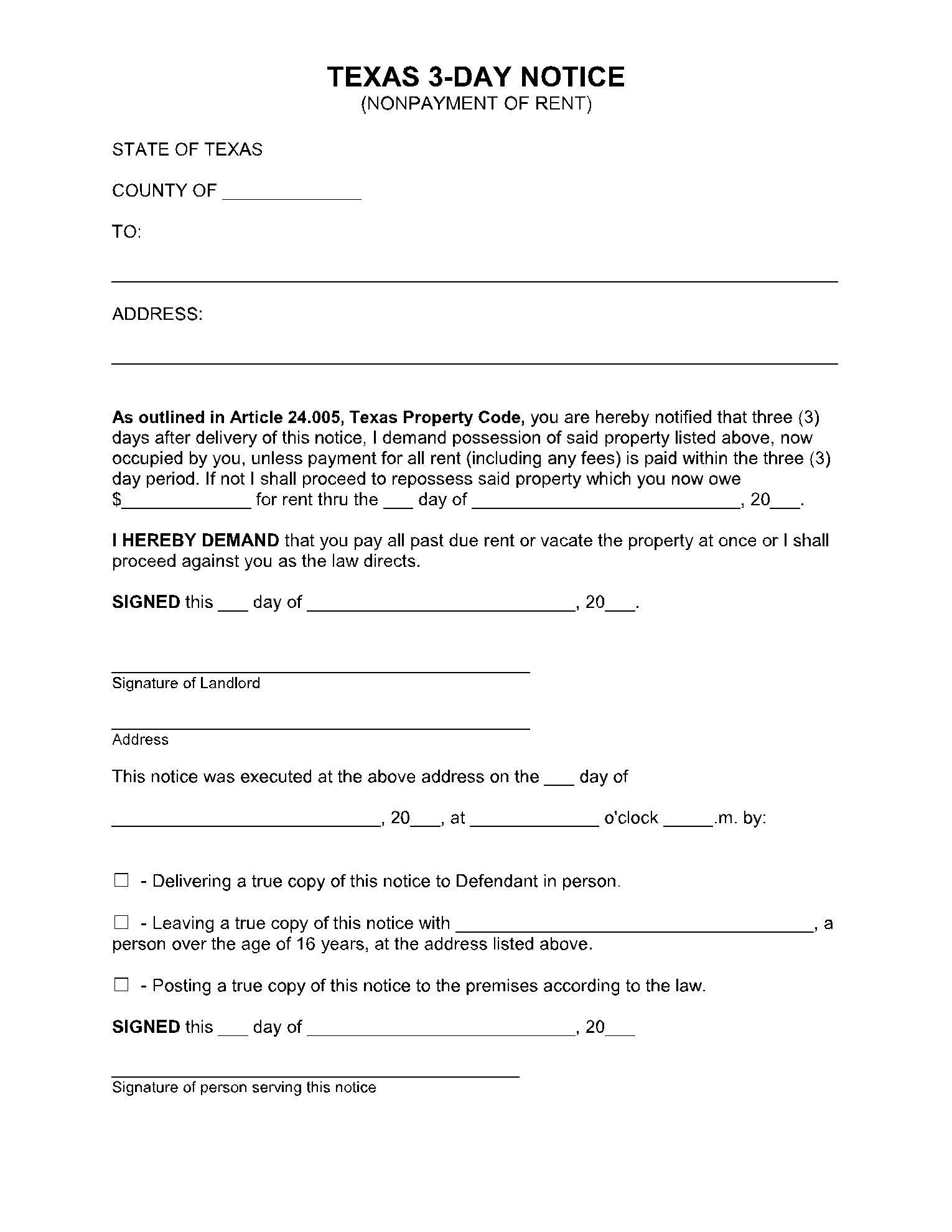 3 Day Notice To Vacate Texas Property Code Printable Form Templates