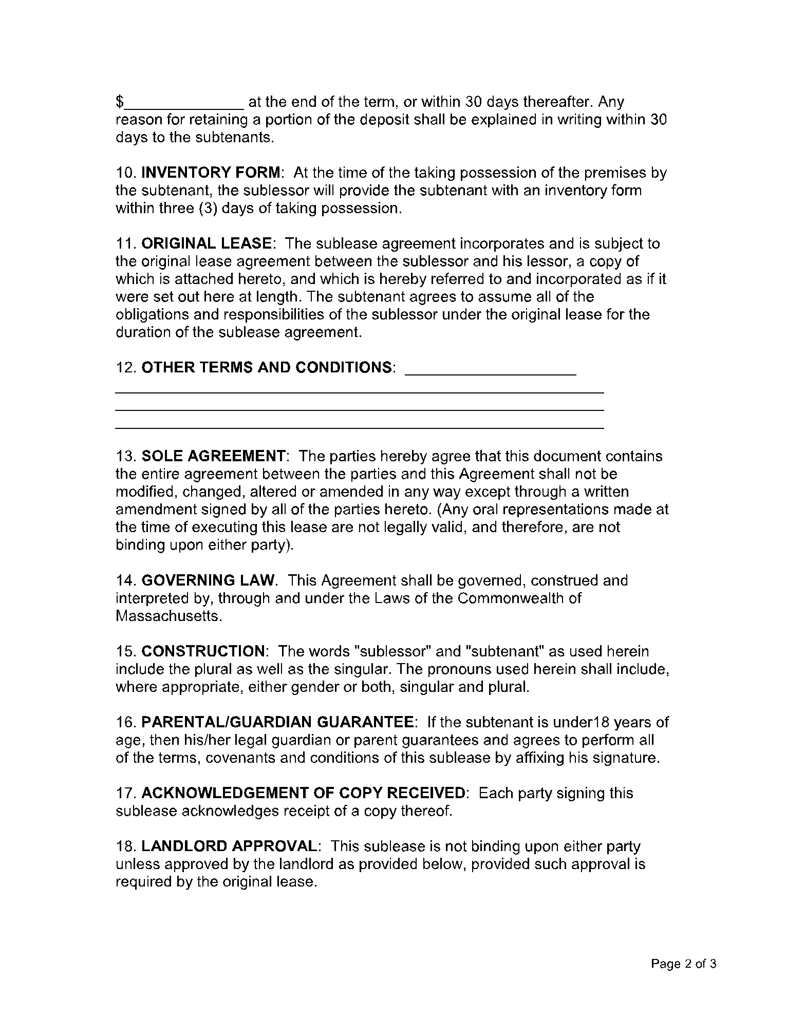 Massachusetts Sublease Agreement 2