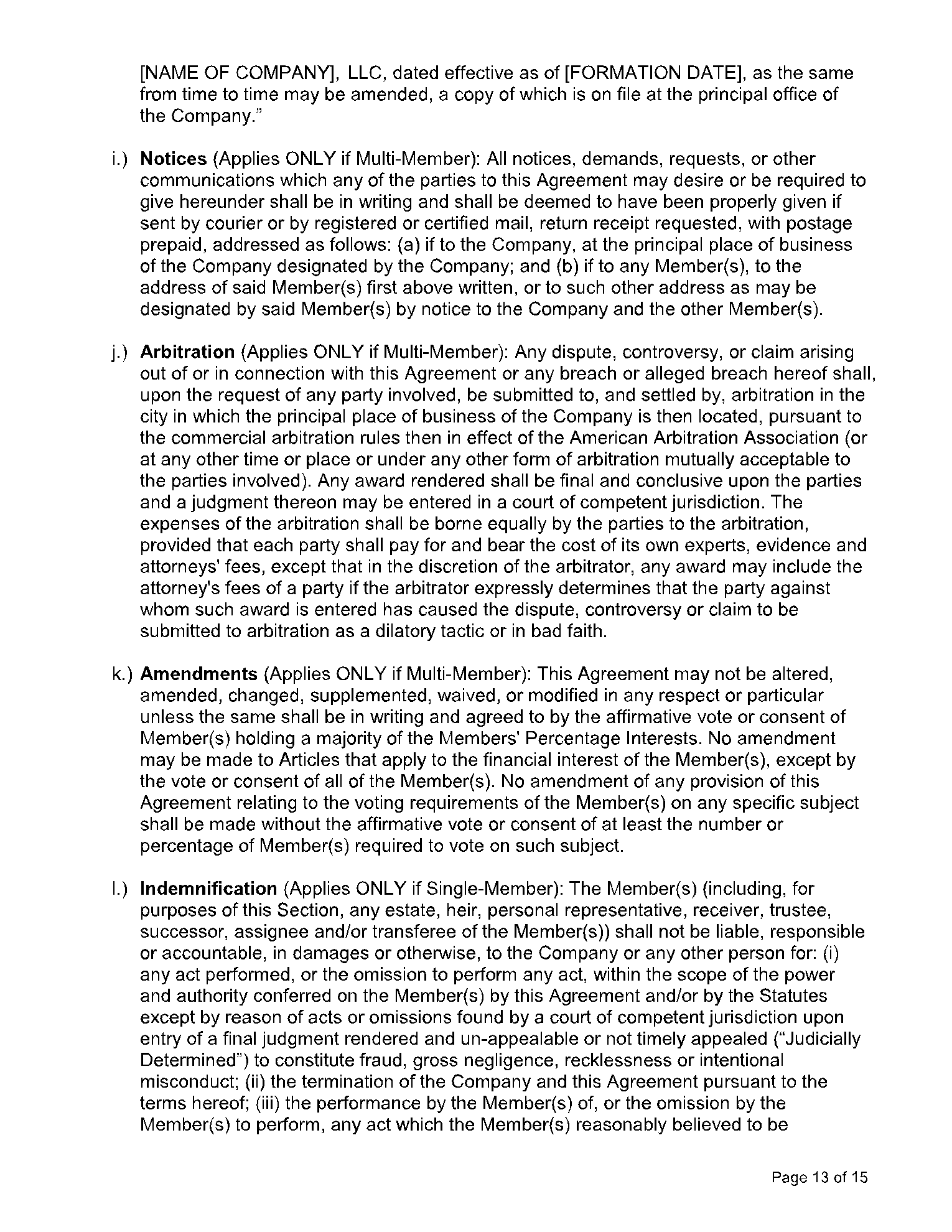 Operating Agreement for LLC Colorado 13