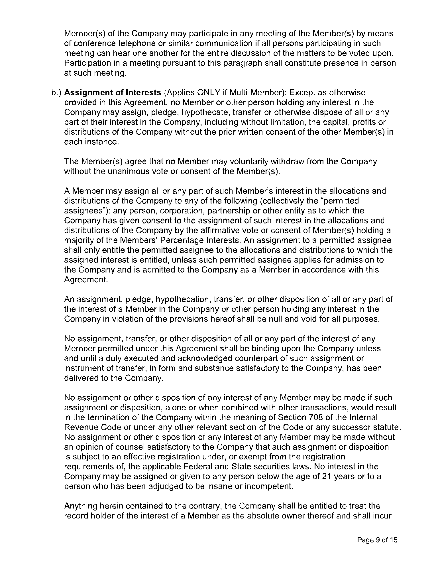 LLC Operating Agreement NC 9