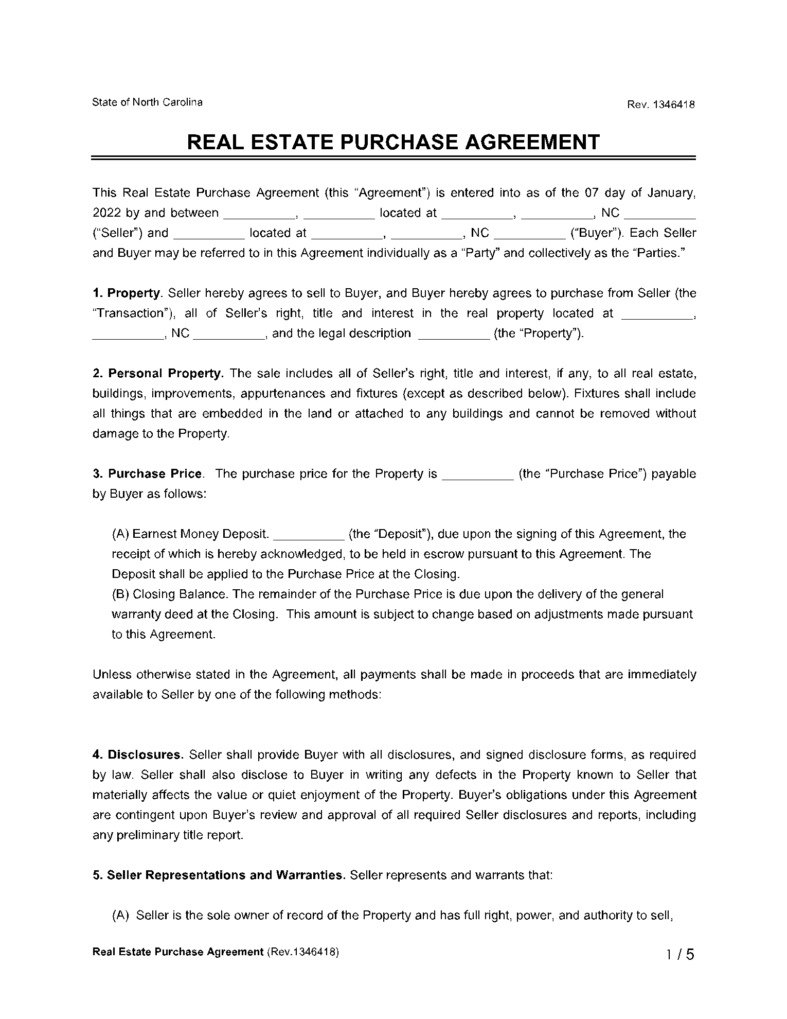 North Carolina Real Estate Purchase Agreement 1